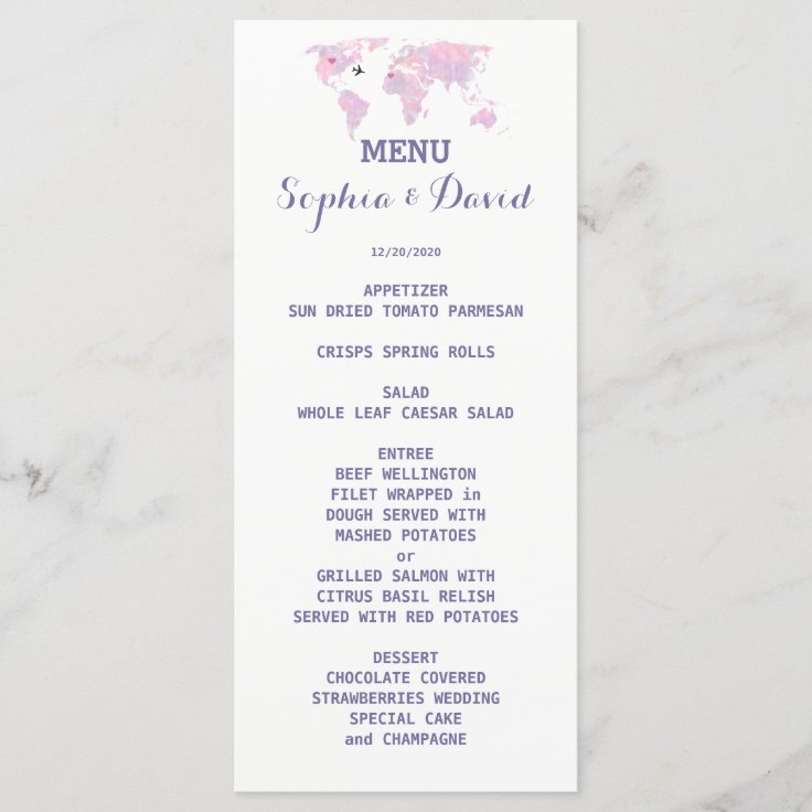 Destination Wedding Watercolor World Map Menu | Zazzle