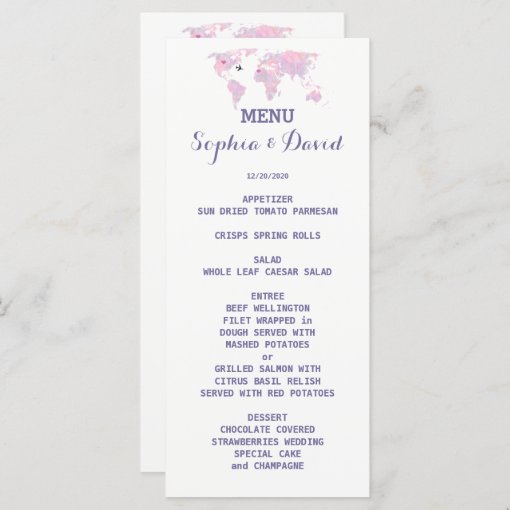 Destination Wedding Watercolor World Map Menu | Zazzle