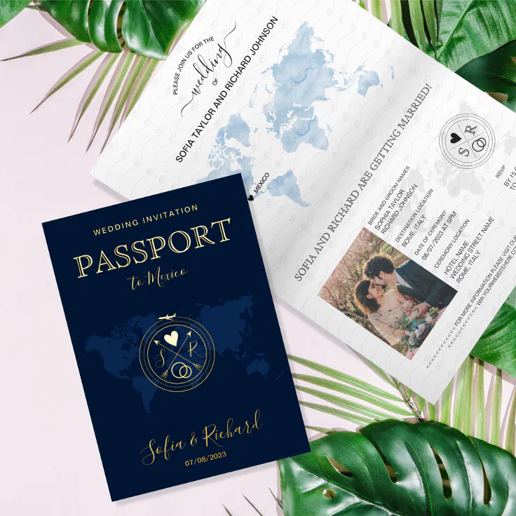 Destination Wedding World Map Passport Monogram Foil Greeting Card | Zazzle