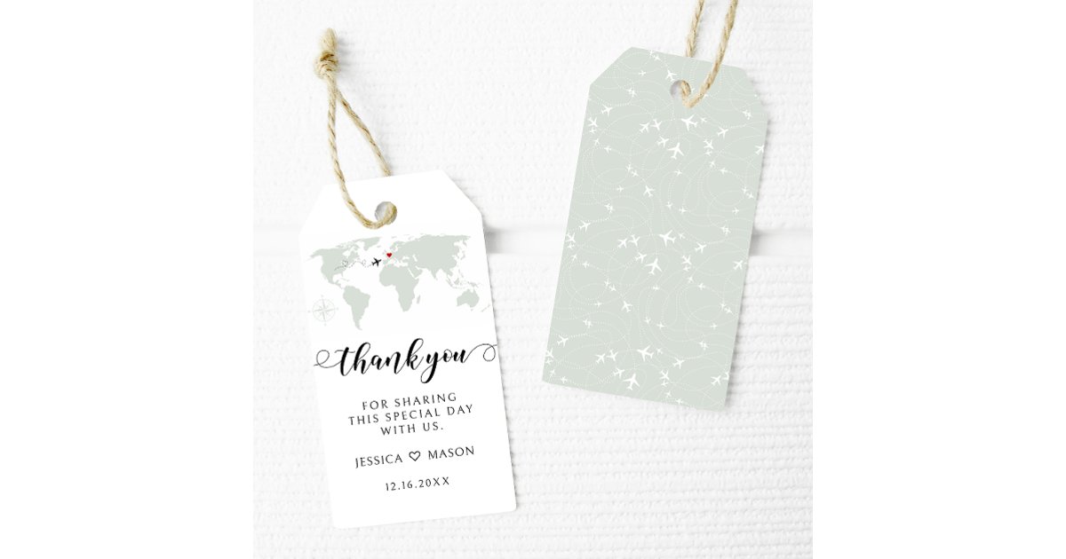 Destination wedding world map thank you tags | Zazzle