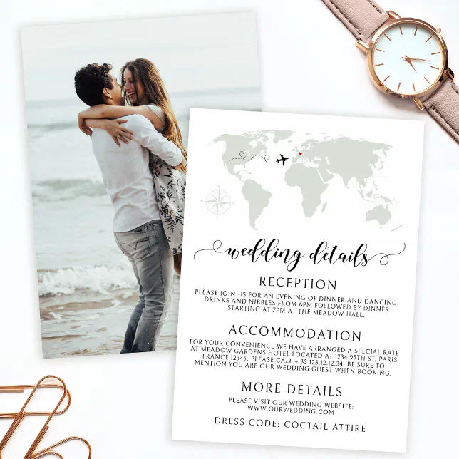 Destination world map wedding details photo Card | Zazzle
