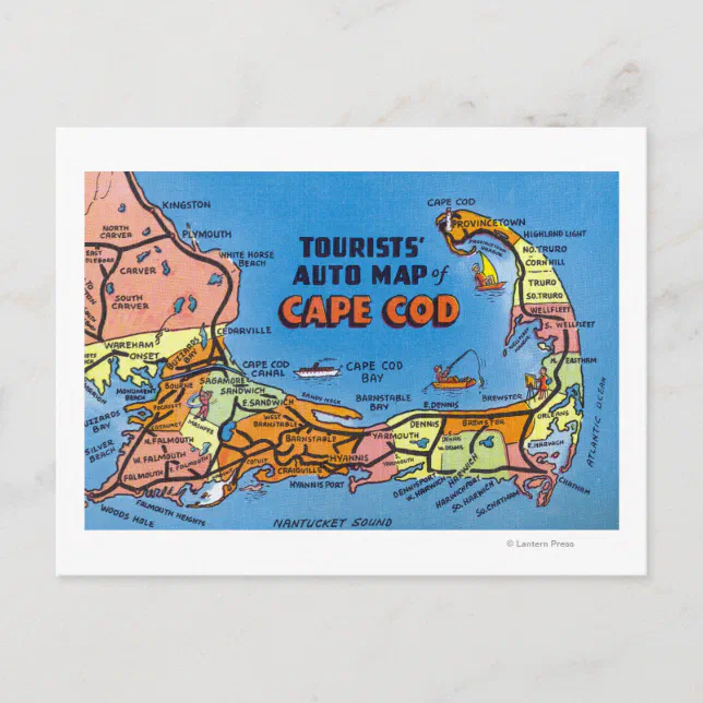 Detailed Auto Map of Cape Cod Postcard | Zazzle
