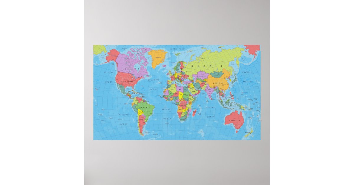 Detailed colorful political world map poster | Zazzle