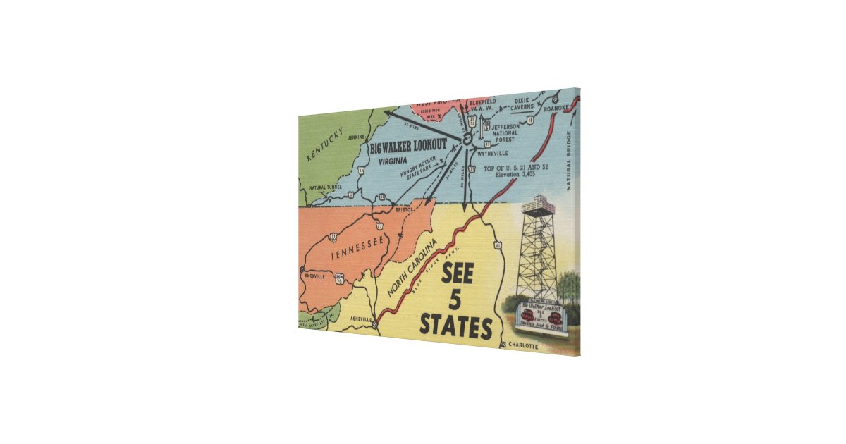 Detailed Map of 5 States - Big Walker Lookout, V Canvas Print | Zazzle