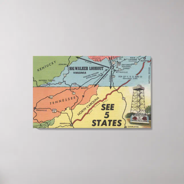 Detailed Map of 5 States - Big Walker Lookout, V Canvas Print | Zazzle
