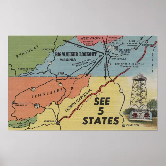 Detailed Map of 5 States - Big Walker Lookout, V Poster | Zazzle