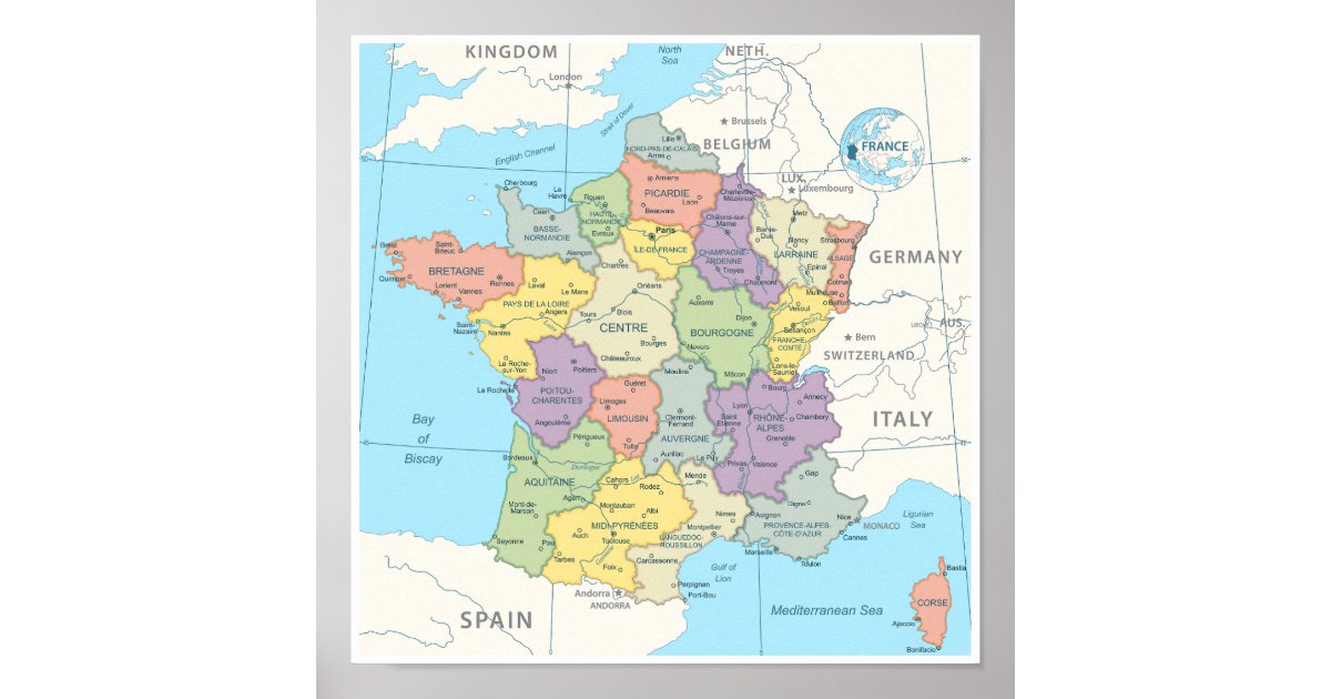 Detailed Map of France Poster | Zazzle