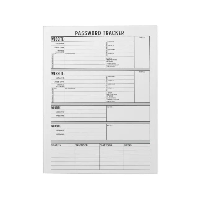 Detailed Password Tracker with 2-Step Verification Notepad | Zazzle