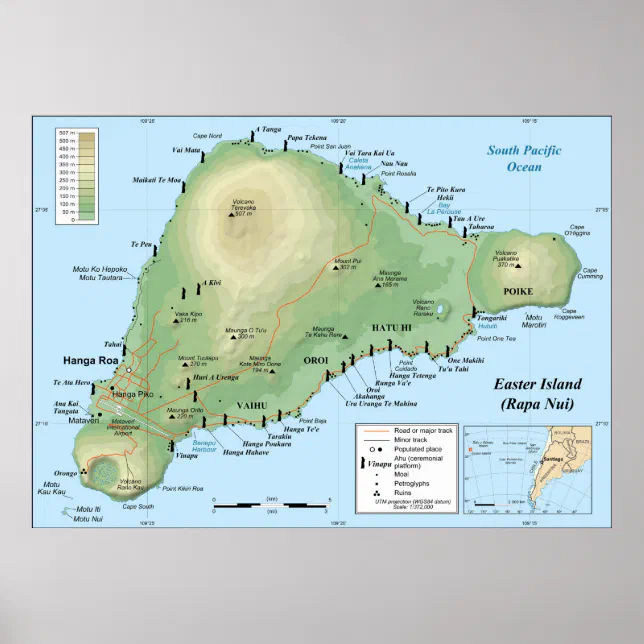 Detailed Topographic Map of Easter Island Poster | Zazzle