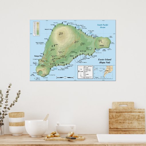 Detailed Topographic Map of Easter Island Poster | Zazzle