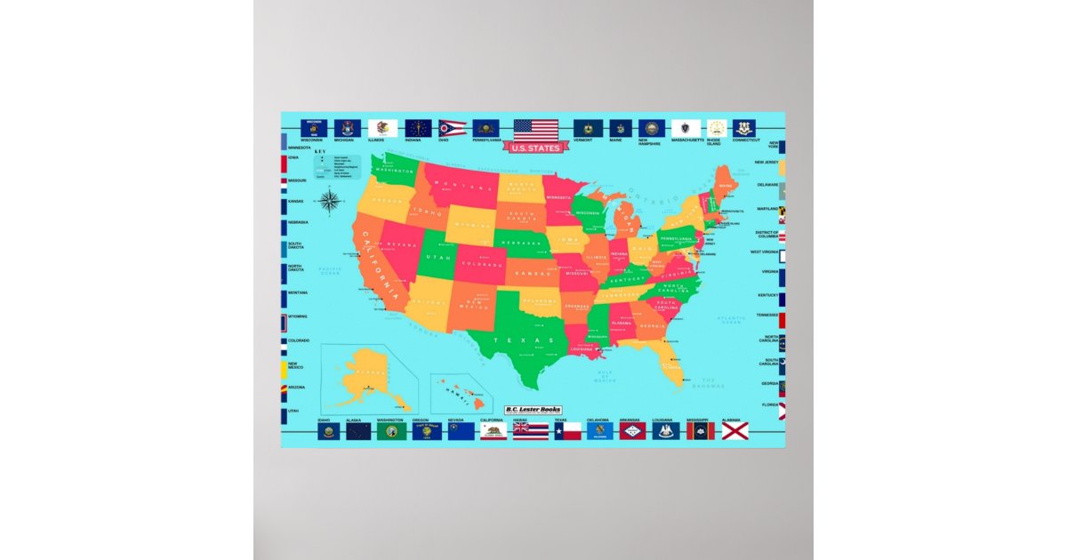 Detailed USA Map With State Flags Poster | Zazzle