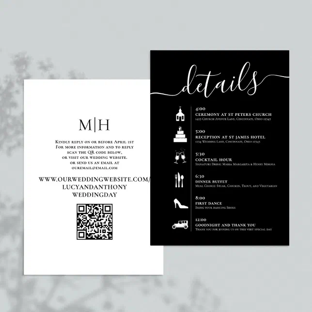 Details QR Code Black and White Wedding Timeline Enclosure Card | Zazzle