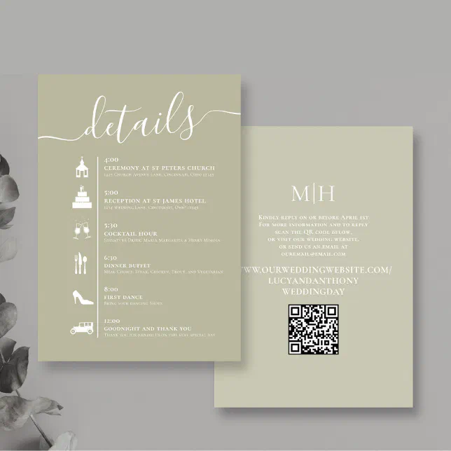 Details QR Code Wedding Timeline Sage Green Enclosure Card | Zazzle