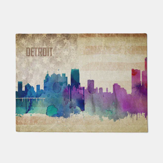 Detroit, MI | Watercolor City Skyline Doormat | Zazzle
