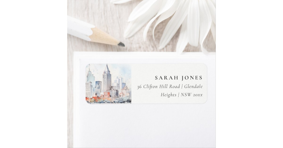 Detroit Michigan Watercolor Landscape Address Label | Zazzle