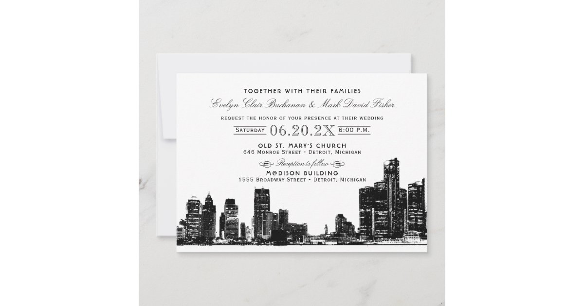 Detroit Skyline Black Art Deco Wedding Invitation | Zazzle