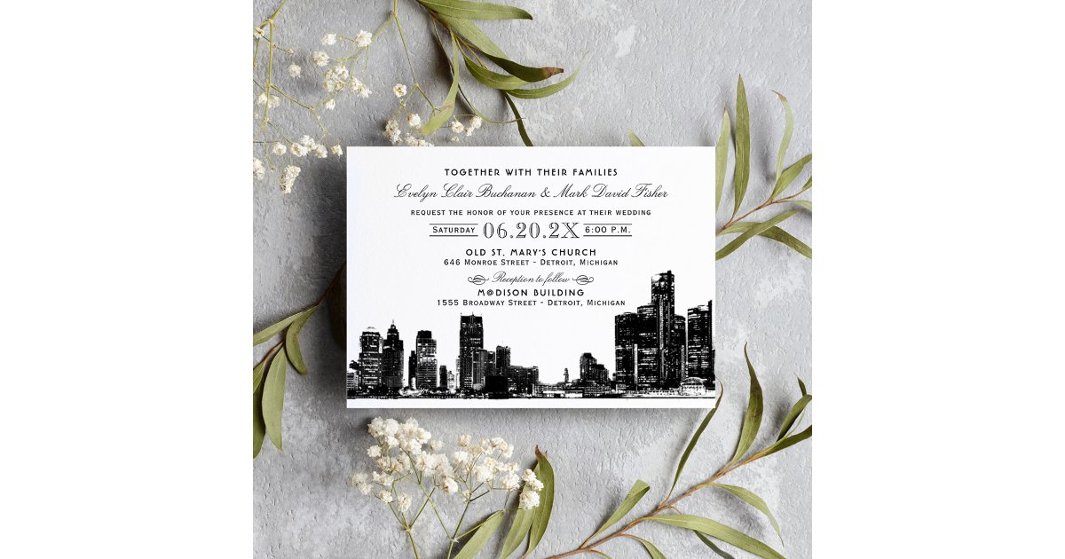 Detroit Skyline Black Art Deco Wedding Invitation | Zazzle