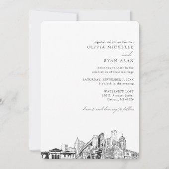 Detroit Wedding Custom Skyline Sketch Invitation | Zazzle