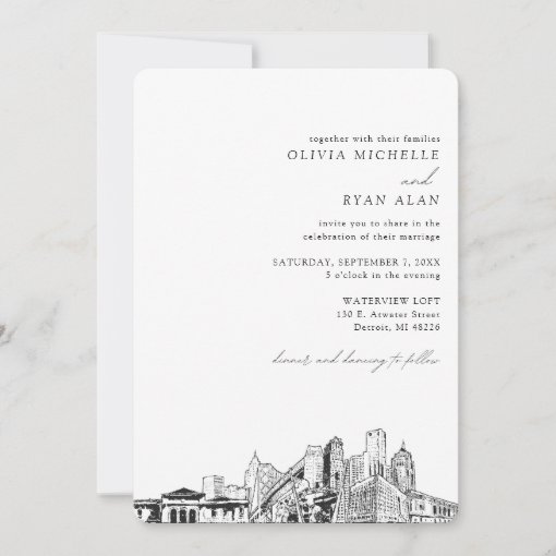 Detroit Wedding Custom Skyline Sketch Invitation | Zazzle