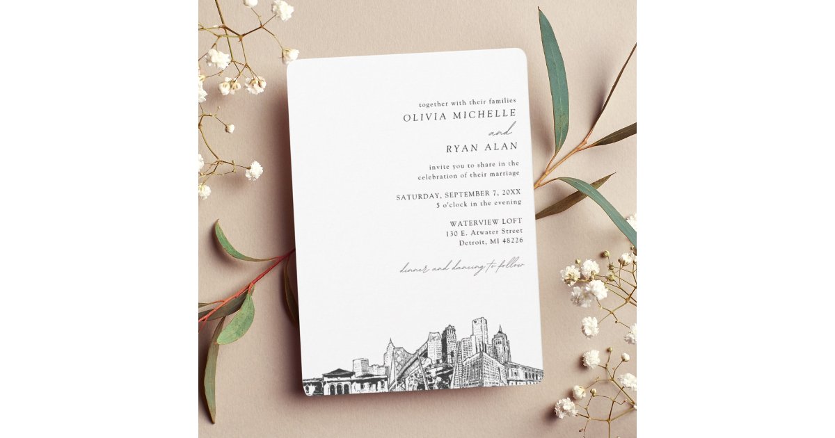 Detroit Wedding Custom Skyline Sketch Invitation | Zazzle