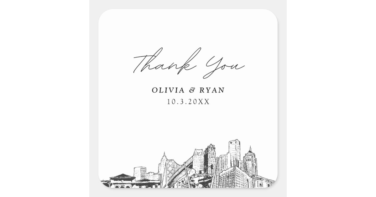 Detroit Wedding Skyline Favor Thank You Square Sticker | Zazzle