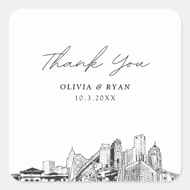 Detroit Wedding Skyline Favor Thank You Square Sticker | Zazzle