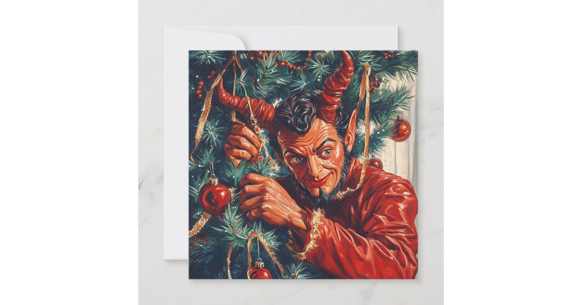 Devil Decorates the Xmas Tree Holiday Card | Zazzle