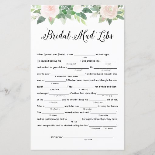 DEVON Bridal Shower Libs, Fill in the Blanks Game | Zazzle