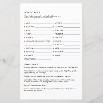 DEVON Bridal Shower Libs, Fill in the Blanks Game | Zazzle