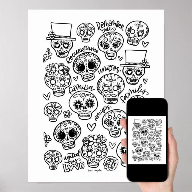 Dia De Los Muertos - Sugar Skull Coloring Page Poster | Zazzle