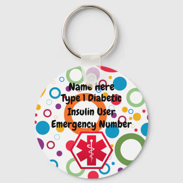 Diabetic Alert Personalized Type 1 or 2 Keychain | Zazzle