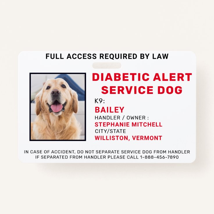 Diabetic Alert Service Dog Photo ID Badge | Zazzle