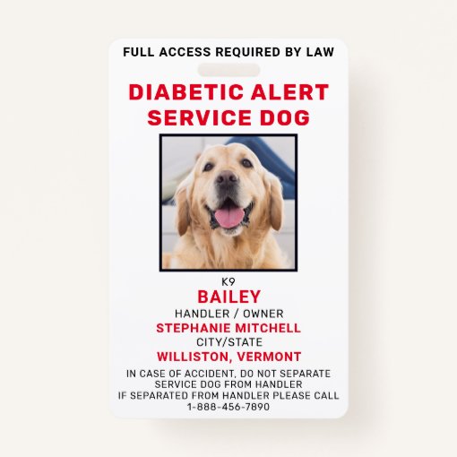 Diabetic Alert Service Dog Photo ID Badge | Zazzle