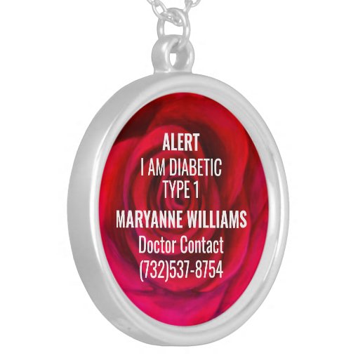 Diabetic Floral Rose Customizable Medical Alert Silver Plated Necklace ...