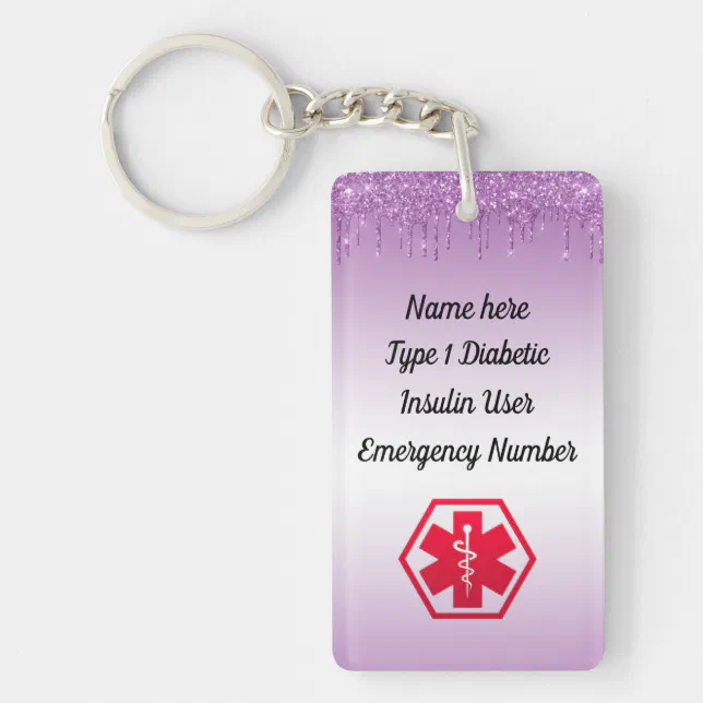 Diabetic Purple Glitter Medical Alert Type 1 or 2 Keychain | Zazzle