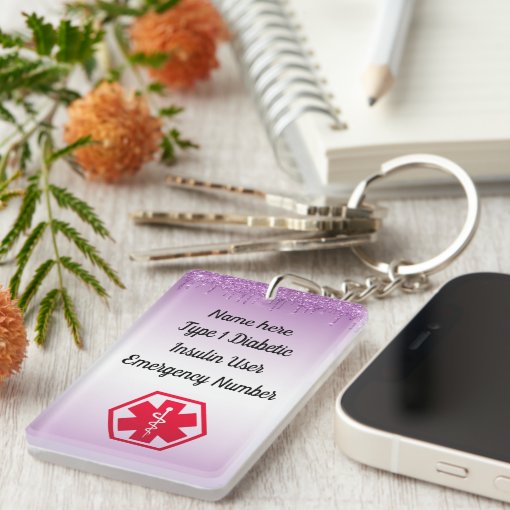 Diabetic Purple Glitter Medical Alert Type 1 or 2 Keychain | Zazzle