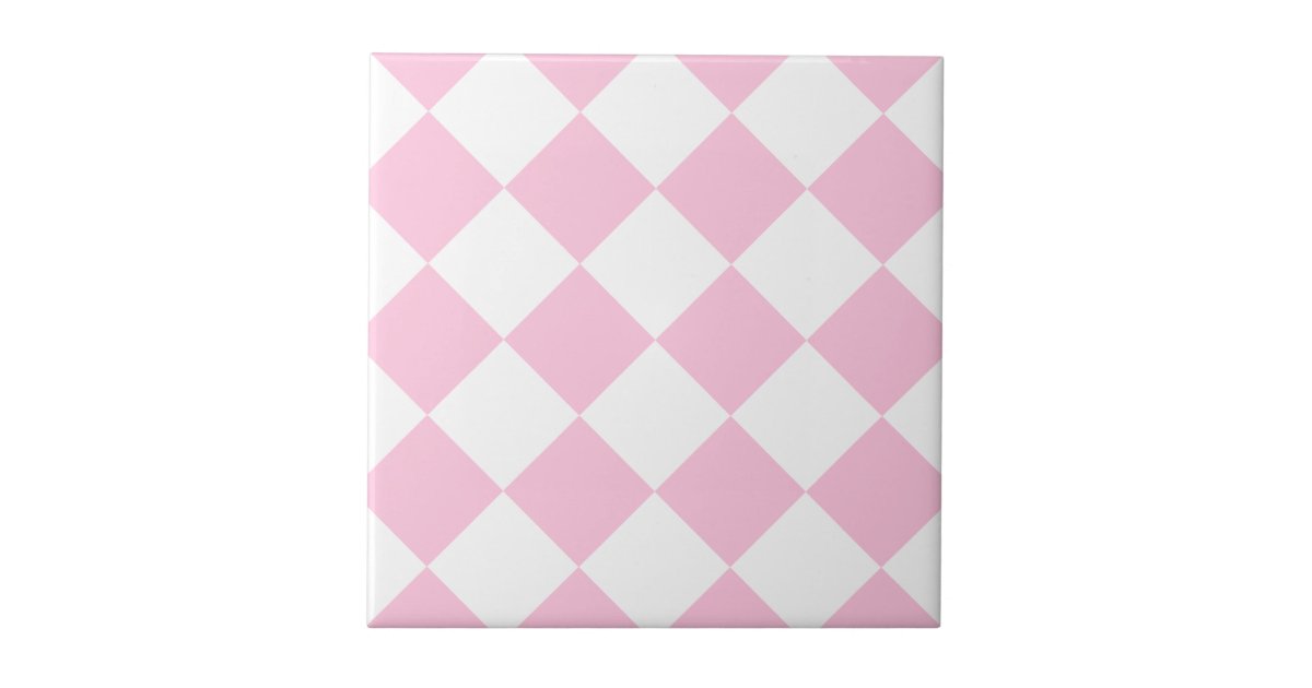 Diag Checkered Large - White and Cotton Candy Ceramic Tile | Zazzle