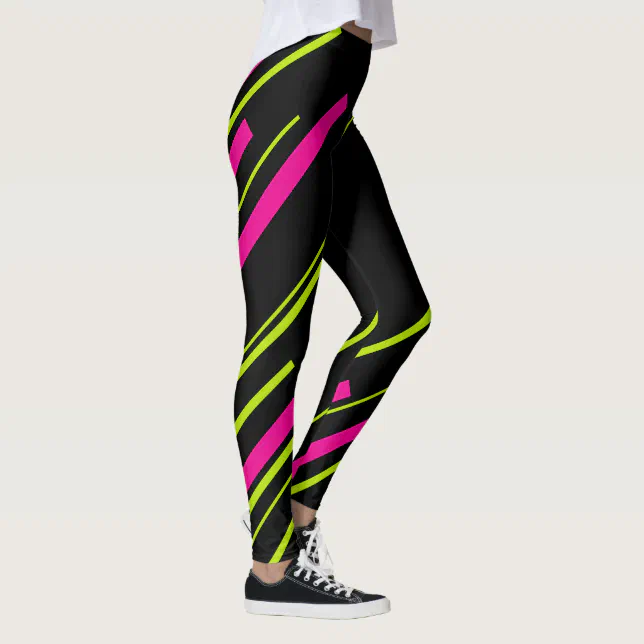 Diagonals in Lime Green, Hot Pink and Black Leggings | Zazzle