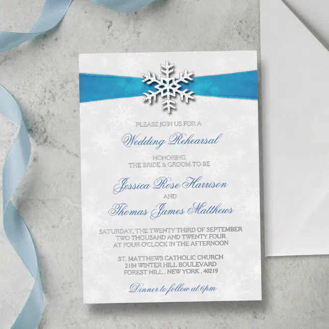 Diamante Snowflake & Blue Ribbon Winter Wedding Foil Invitation | Zazzle