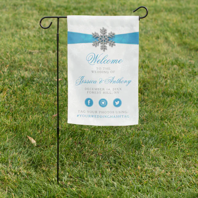 Diamante Snowflake & Blue Ribbon Winter Wedding Garden Flag | Zazzle