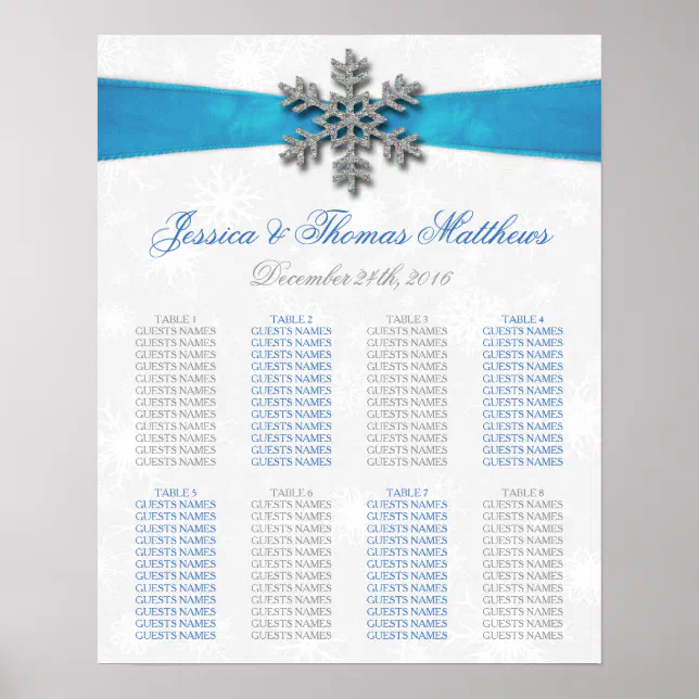 Diamante Snowflake & Blue Ribbon Winter Wedding Poster | Zazzle