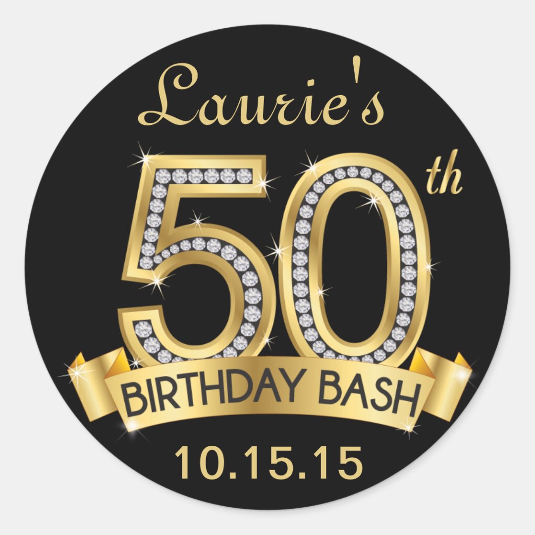 Diamond 50th Birthday Stickers | Black and Gold | Zazzle