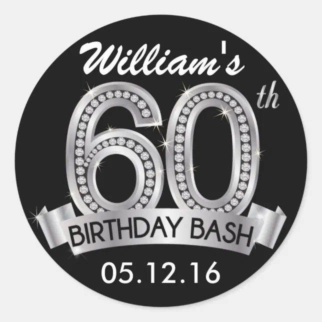 Diamond 60th Birthday Stickers | Black and Silver | Zazzle