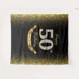 Diamond Black and Gold 50th Birthday Backdrop | Zazzle