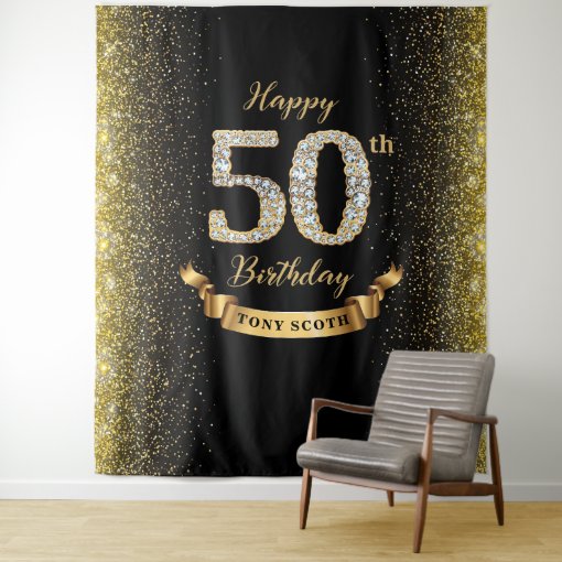 Diamond Black and Gold 50th Birthday Backdrop | Zazzle