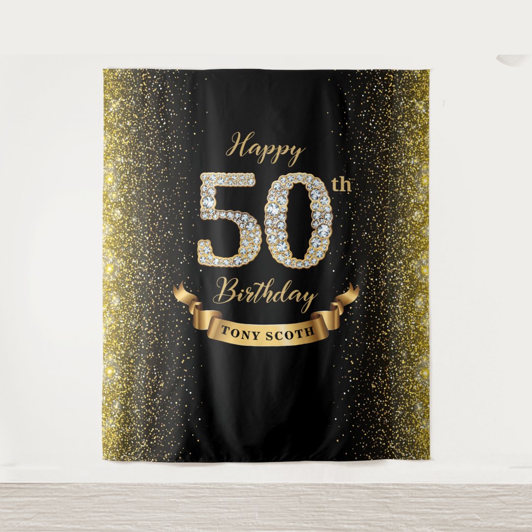 Diamond Black and Gold 50th Birthday Backdrop | Zazzle