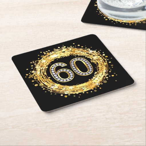 Diamond Bling Number 60 Glitter Confetti | gold Square Paper Coaster ...