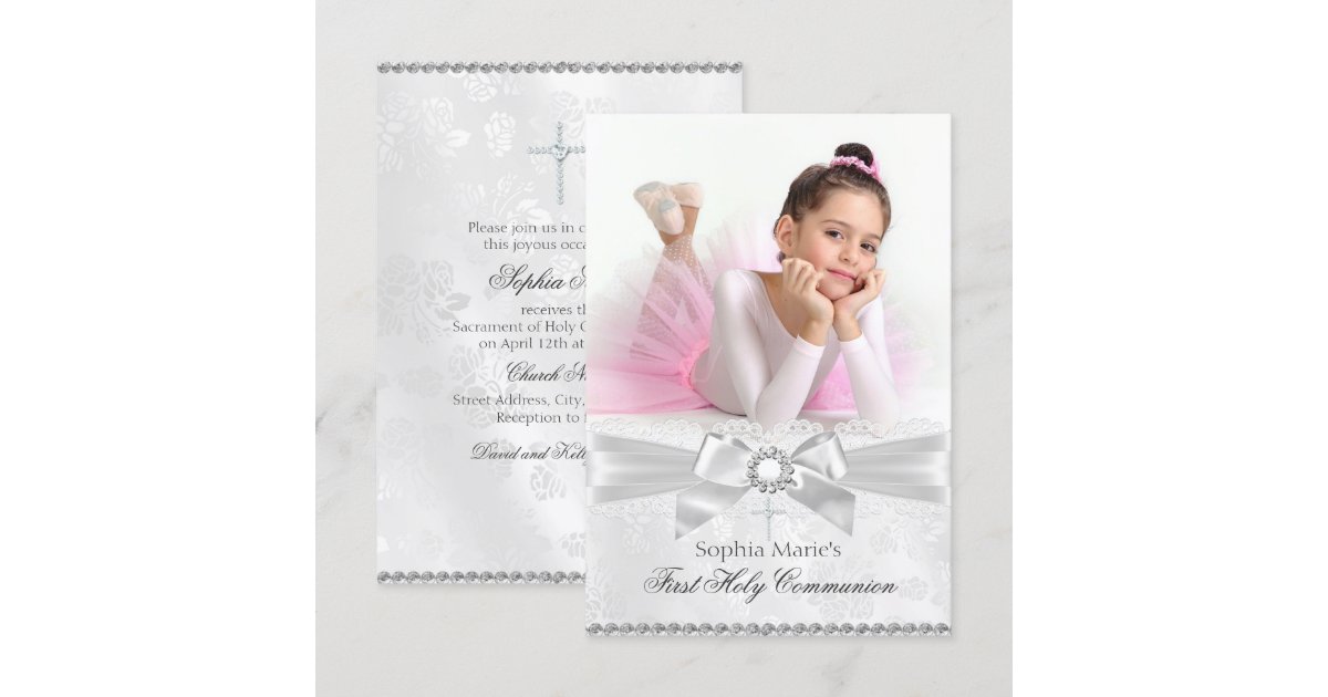Diamond Bow & Cross Photo First Holy Communion Invitation | Zazzle