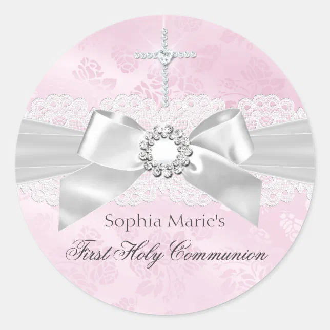 Diamond Bow Pink First Holy Communion Sticker | Zazzle