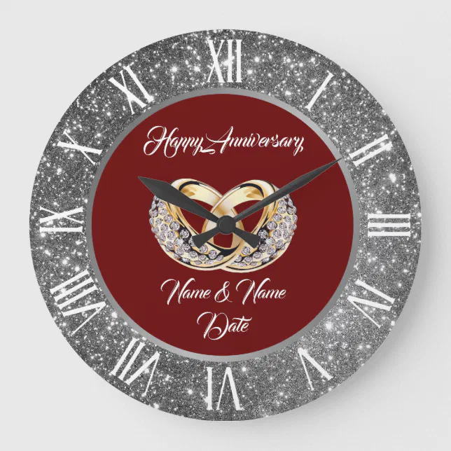 Diamond Customize Wedding Rings Silver Anniversary Large Clock | Zazzle
